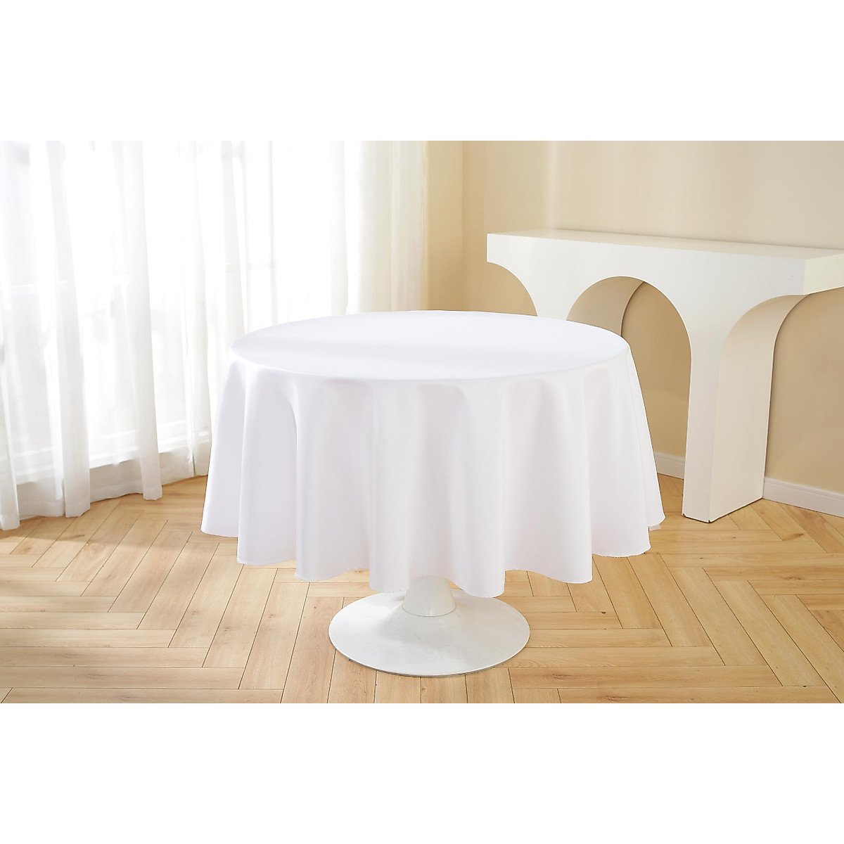 Craft And Party Round Tablecloth, 120 Inch White Tablecloth, Polyester Fabric Washable Table Cloth for Home, Party, Wedding or Restaurant Use.