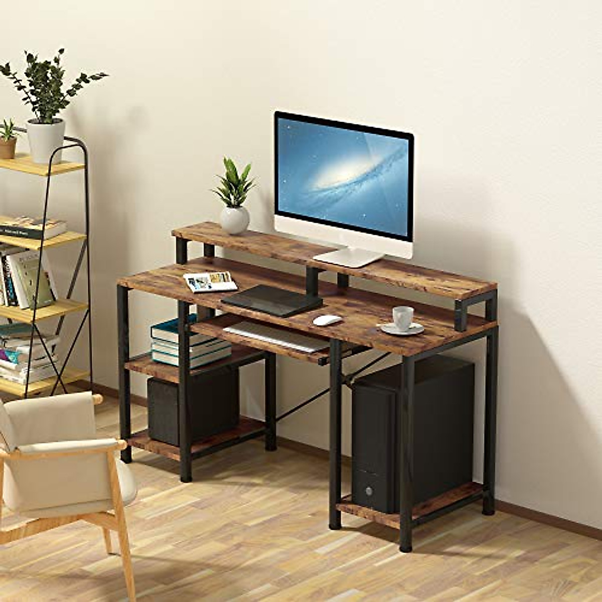 TechLand Industrial Computer Desk with Storage Shelves/Keyboard Tray/Monitor Stand, Modern Study Writing Table Workstation for Home Office