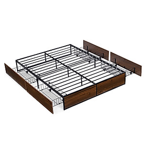 Prohon Queen Size Bed Frame with 4 Extra Large Storage Drawers on Wheels, Strong Steel Slat Support, Space-Saving Metal Platform Bed, Bedframe for Adults, Teens & Kids, No Box Spring Needed, Brown