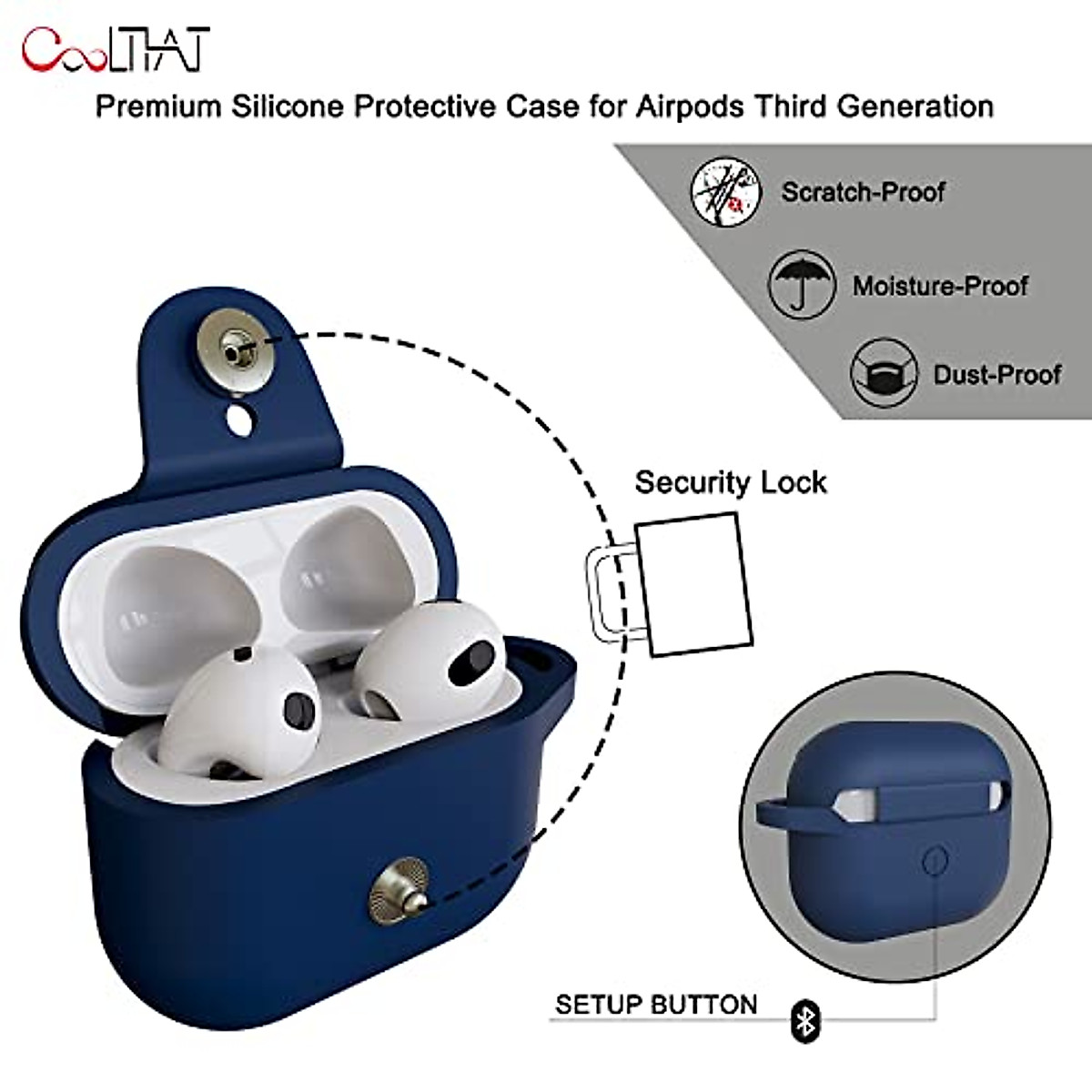 COOLTHAT  5 in One New Button Design Secured Lock Airpods 3 Case, 360° Protective Case (Upgrade in Jan. 2022) for Airpod 3rd Generation Charging Case, Supports Wireless Charging (Navy Blue)