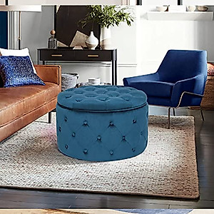 Homebeez Round Velvet Storage Ottoman, Button Tufted Footrest Stool Coffee Table for Living Room,24.8" L x 24.8" W x 15.4" H,Navy Blue