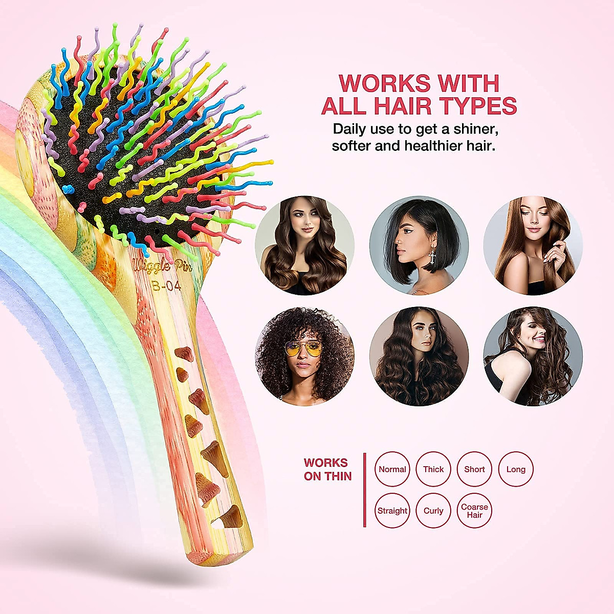 Bamboo Hair Brush, Girls Hair Brush, Rainbow Bamboo Paddle Hair Brushes for Women, Men and Kids, Health and Massage Scalp Brush Everyday Brush(Large)