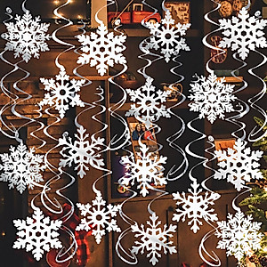 Christmas Winter Wonderland Snowflake Hanging Swirls Party Decoration White Silver Glitter Ceiling Decor Winter Holiday Party Decorative Snowflake Ornaments Garland for New Year Winter Wonderland