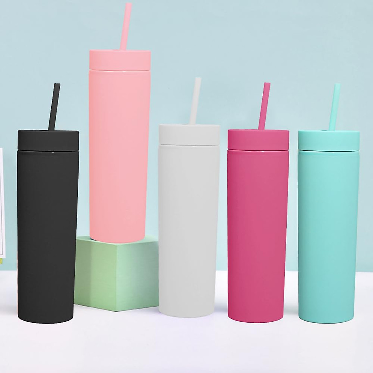 Skinny Tumblers with Lids and Straws Bulk.Matte Black Slim Tumbler Cups with Straws.16 oz Plastic Pastel Double Walled Acrylic Skinny Tumbler Set for Smoothie Ice Coffee.Customizable DIY Gift.