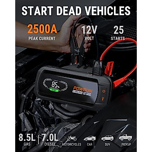 Powrun P-ONE PRO Jump Starter - 2500A Portable Jump Box for 8.5L Gas and 7.0L Diesel Engines, 12V Car Battery Pack With Carry Case