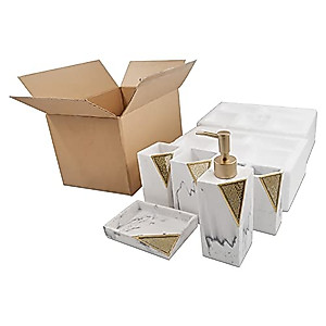 Cozy Villa 5-Piece Bathroom Accessories, Lotion Dispenser, Soap Dish, Toothbrush Holder, Tumblers, White Marble with Gold Design