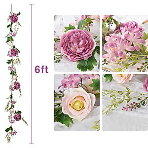 Artiflr 2 Pack Artificial Peony Garland Flowers, 12ft Floral Greenery Garland Rose Flower Vine with Peony Flowers and Green Leaves for Wedding Dining Table Home Party Deco (2, Champagne&Deep Ruby)