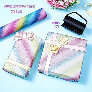 THMORT Glitter Gradient Rainbow Wrapping Paper Roll with a Cutter Kit for Girls&Boys,Babie Kids Adults,17 Inch X 33 Feet Gold Glitter Princess Pink Birthday Gift Wrapping Paper Roll for Baby Shower.