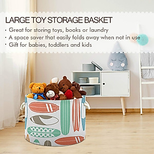 Oyihfvs Sea Surfing Surfboards in Retro Colors Round Storage Basket Bin, Waterproof Laundry Hamper, Large Collapsible Bucket, Baby Nursery Organizer with Handles for Bathroom Toys Clothes