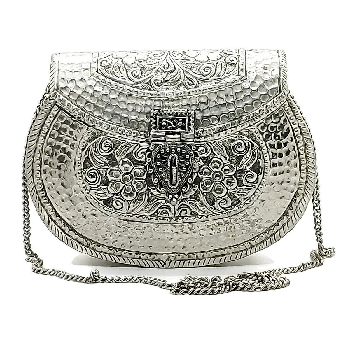 Jiya Indian Brass Handmade Bridal Women's Antique Brass Purse Ethnic Metal Clutch Gift (Silver)