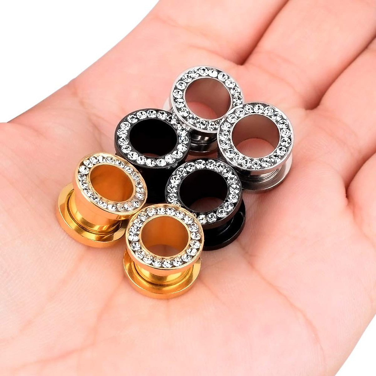 YOFANST 6pcs Stainless Steel Black Silver Rosegold Clear Crystal Gems Screw Back Ear Tunnels Gauges 00g