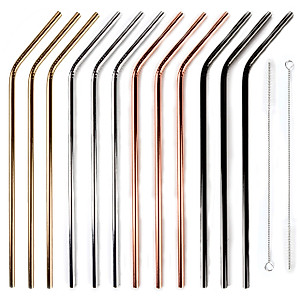 12+2 Pcs Reusable Stainless Steel Straws, Metal Straws, 4 Colors Gold, Silver, Rose Gold & Black - 20 oz and 30 oz Tumblers Straws (Bent)