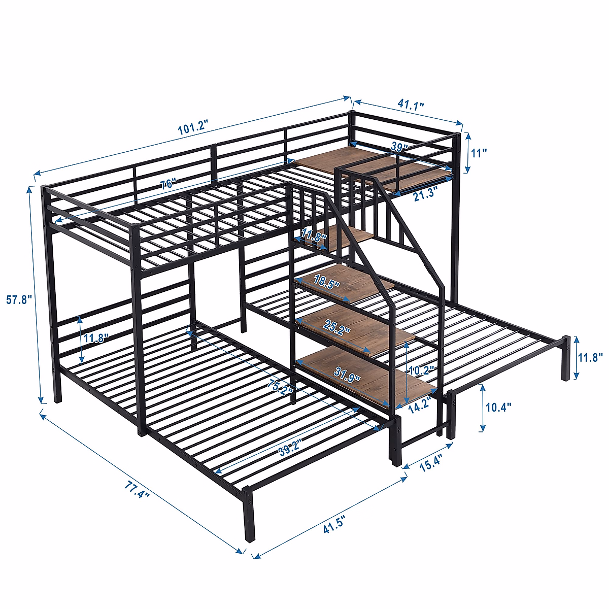 Harper & Bright Designs Triple Bunk Beds with Stairs, Metal Twin Over Twin & Twin Bunk Beds with Storage Shelves,3 Bed Bunk Beds for Kids, Girls, Boys,Teens,Black
