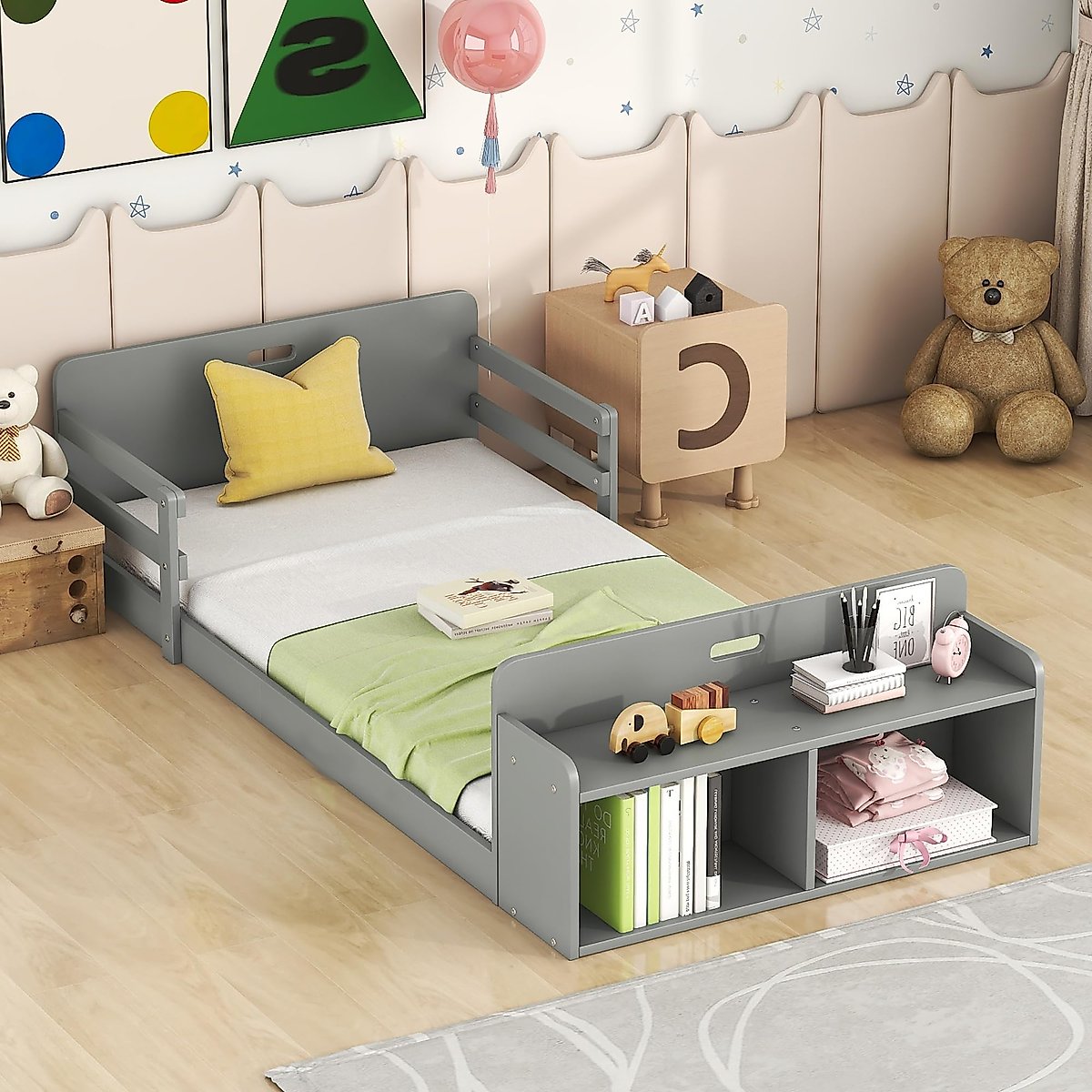 Twin Size Floor Bed with Rails and Storage Bench, Wood Kids Platform Bed Frame with Headboard and Footboard, No Box Spring Needed, Gray