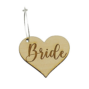 FashionJunkie4Life Wedding Guest Wine Glass Charm Markers - Laser Engraved Wood - Wedding Favor Table Decor - Comes with Silver Hooks (Bride)