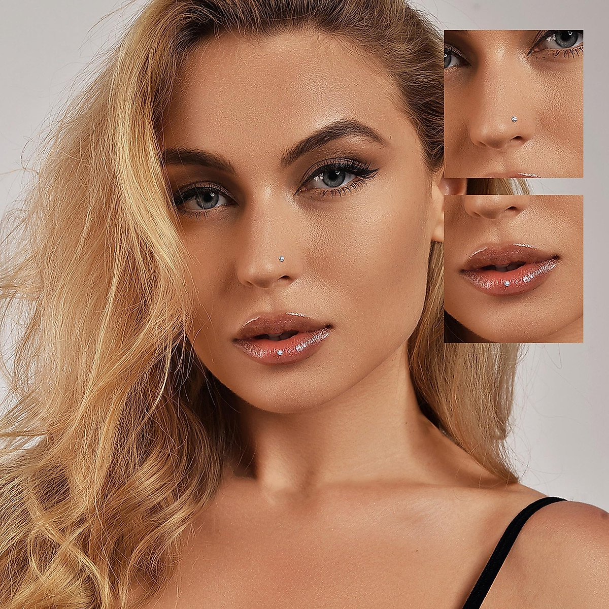 Sllaiss 10Pcs 22G Sterling Silver Small L Shape Nose Ring Studs for Women Mens Czech Crystal Curved Nose Piercings Set Body Jewelry Hypoallergenic 1.5mm