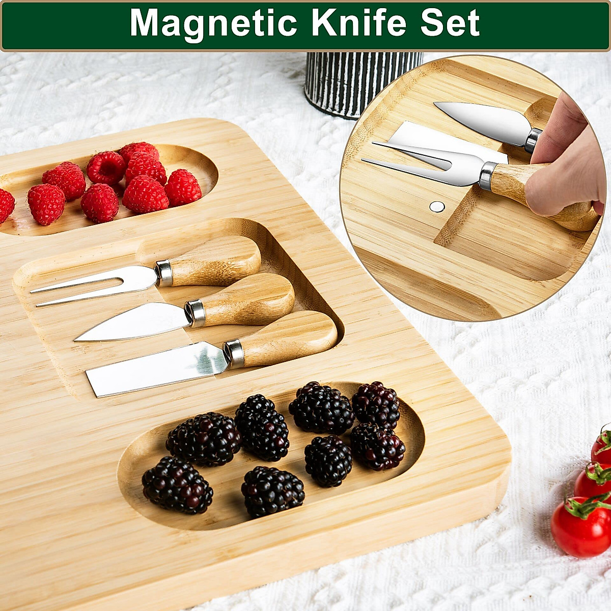 Bamboo Cheese Board with Magnetic Knife Set, Charcuterie Board Set, Unique Bamboo Cutting Board, Cheese Tray Platter, Gift for House Warming, Anniversary, Christmas, Thanksgiving