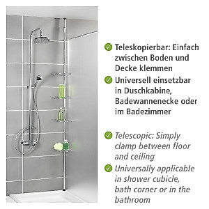 Bathroom Shelf Organizer for Shower Storage, Shower Caddy Tension Pole With 4 Storage Baskets, Stainless Steel, Silver, Dimensions 11 x 108 x 7.8 in