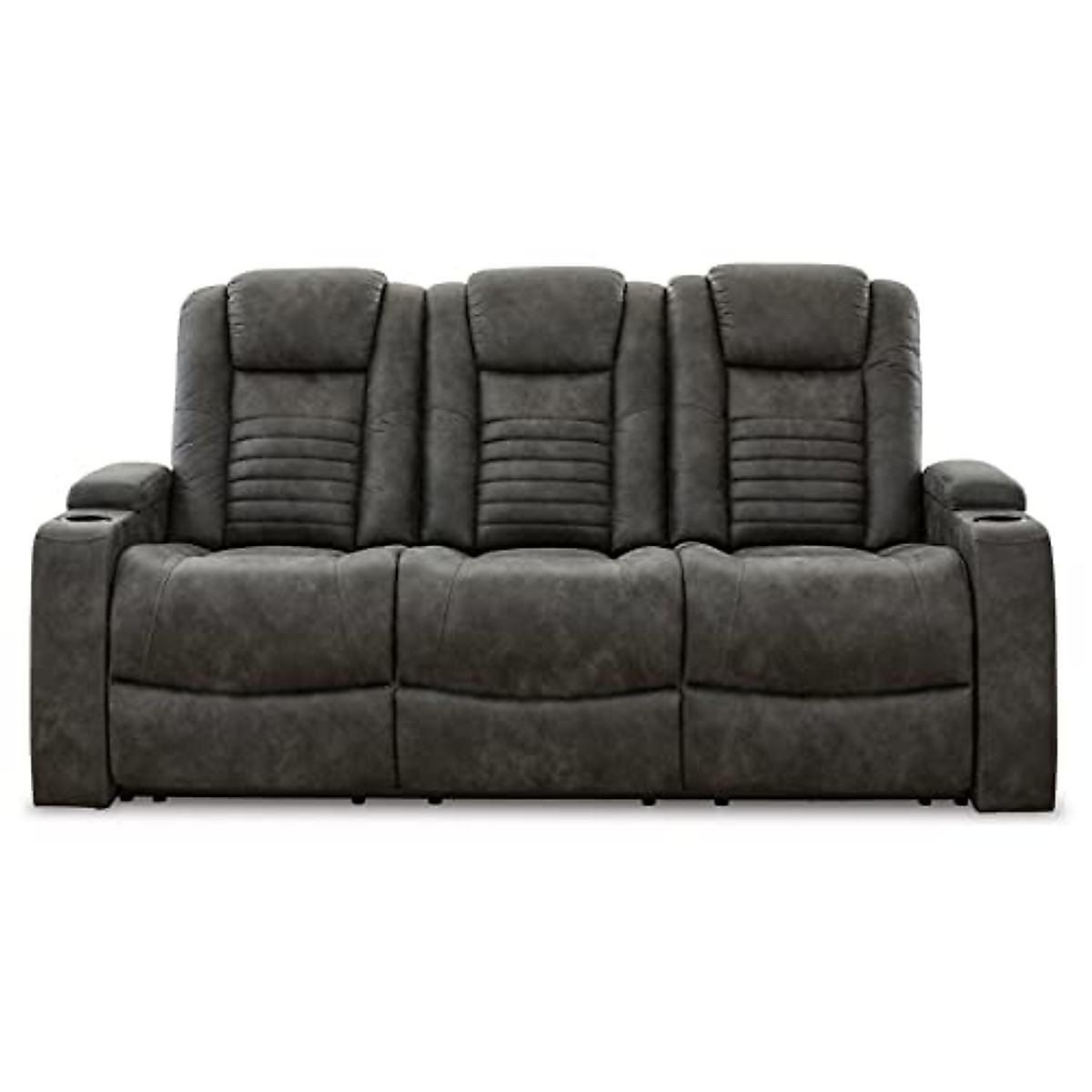 Signature Design by Ashley Soundcheck Contemporary Faux Leather Tufted Power Reclining Sofa with Adjustable Headrest, Gray