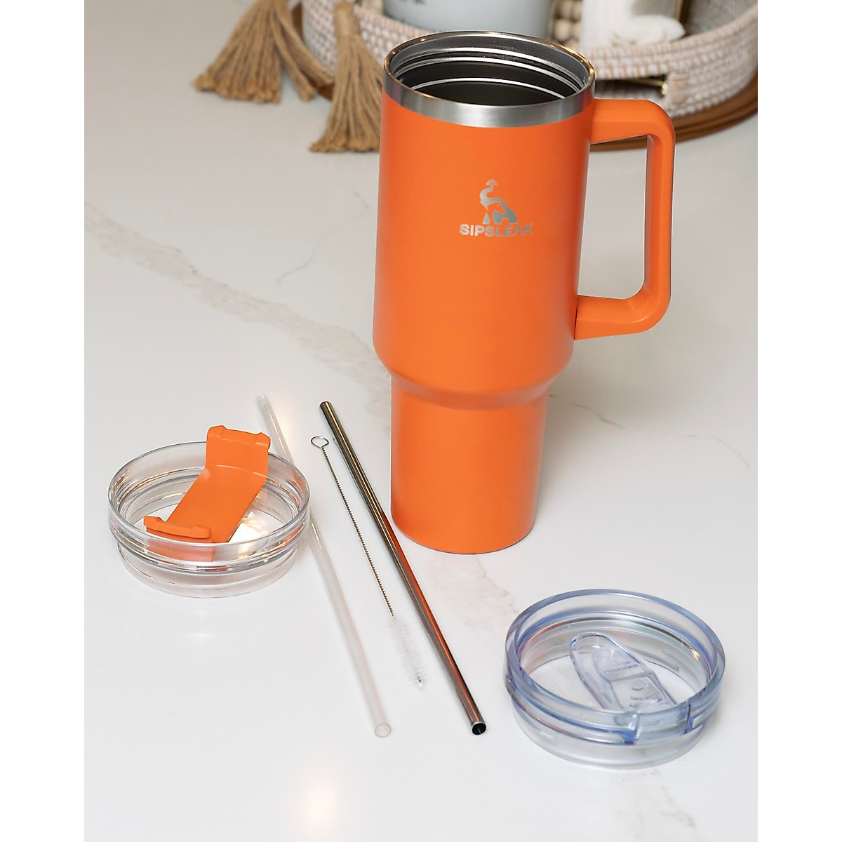 Du&Kha SIPSLEAK 40 Oz Tumbler with Handle and Straw – Stainless Steel Insulated Tumblers with 2 Lids, 2 Straws, Straw Brush – Portable and Reusable Coffee Tumbler Travel Coffee Mug Keeps Hot and Cold