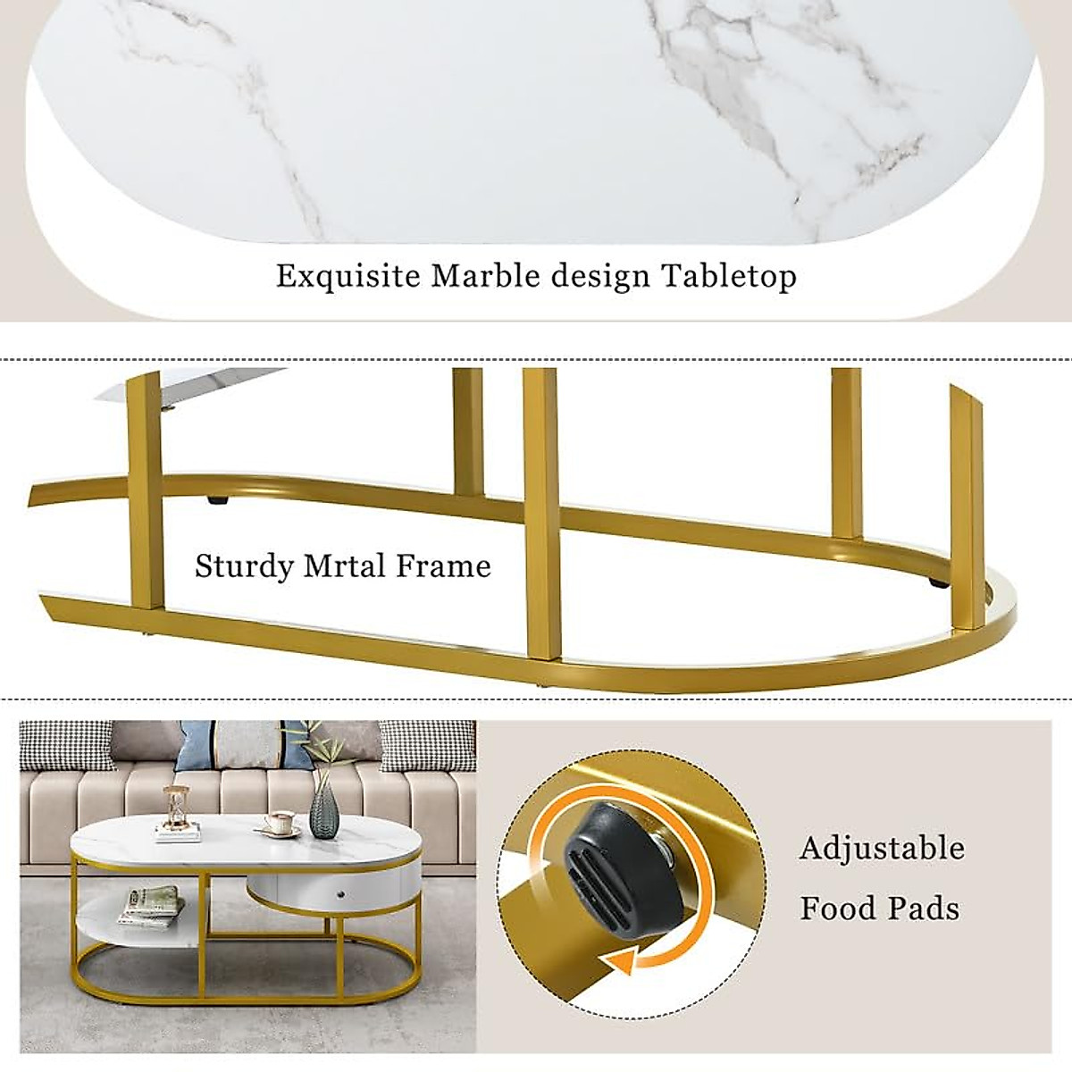 Qiyom Modern Faux Marble Coffee Table, Oval Coffee Table with Storage Shelf and Metal Frame, White Coffee Table Cocktail Table for Living Room, Home Office