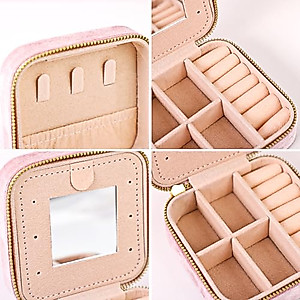 Fixwal Travel Plush Velvet Jewelry Box with Mirror Mini Jewelry Case for Women Girls Small Portable Organizer Boxes for Rings Earrings Necklaces Bracelet - Pink