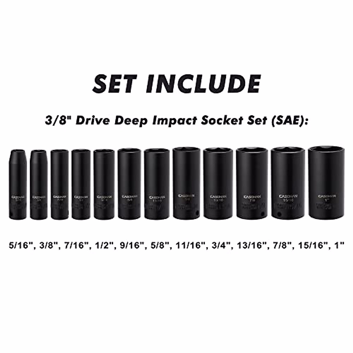 CASOMAN 12 Pieces 3/8-Inch Drive Impact Socket Set, 6-Point, SAE, Deep, CR-V, 5/16" to 1", Heavy Duty Blow Molded Storage Case