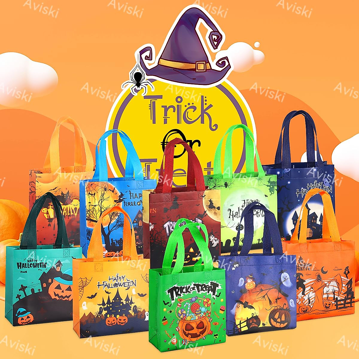Aviski 10PCS Halloween Trick or Treat Bags, Small Halloween Tote Bags with Handles, Gift Bags, Multifunctional Non-Woven Halloween Bags for Gifts Wrapping, Halloween Party Supplies