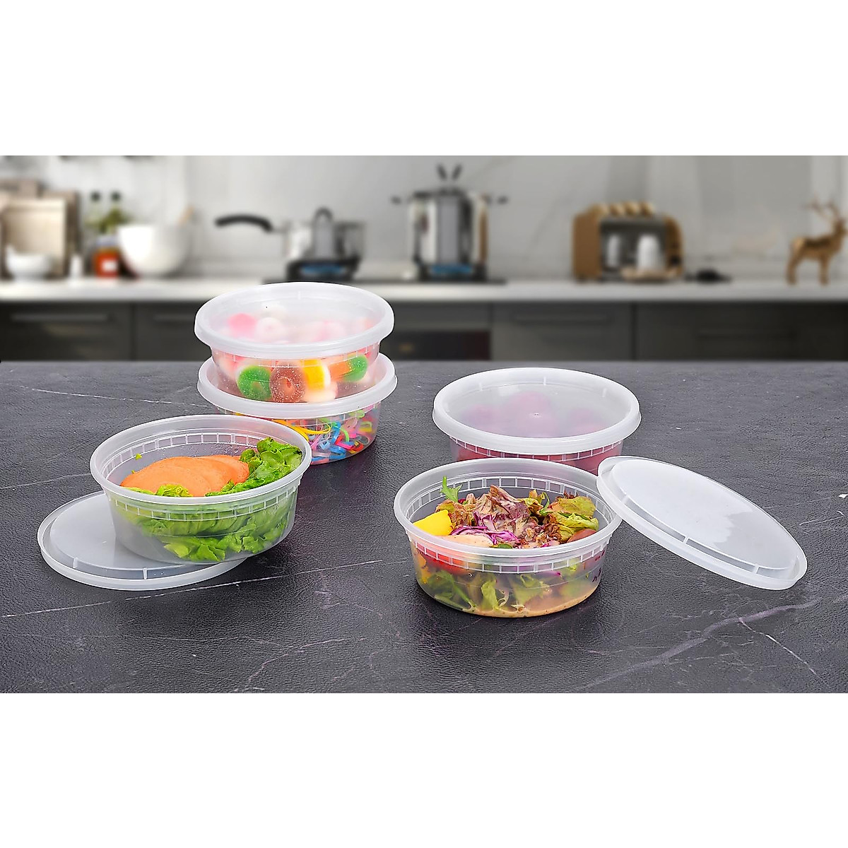 EDI [8 OZ (20 Sets), 16 OZ (20 Sets) and 32 OZ (10 Sets) Plastic Deli Food Storage Containers with Airtight Lids, Bundle