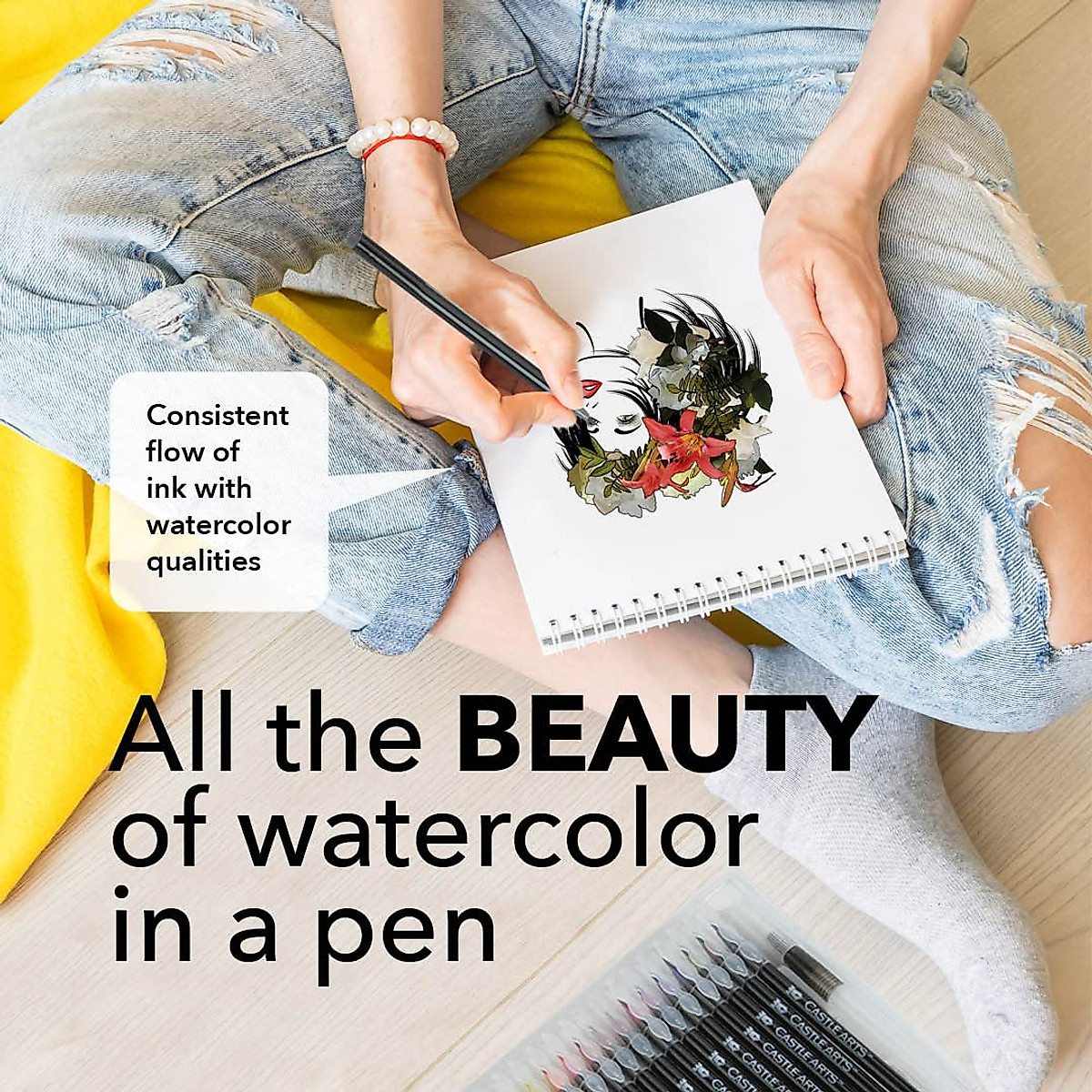 Castle Art Supplies Watercolor Brush Pens Set | 24 Lively colors, with Flexible Nylon Tips | For adult Coloring,Painting, Lettering – Artists and Beginners | Travel Case with Extra Water Brush Pen