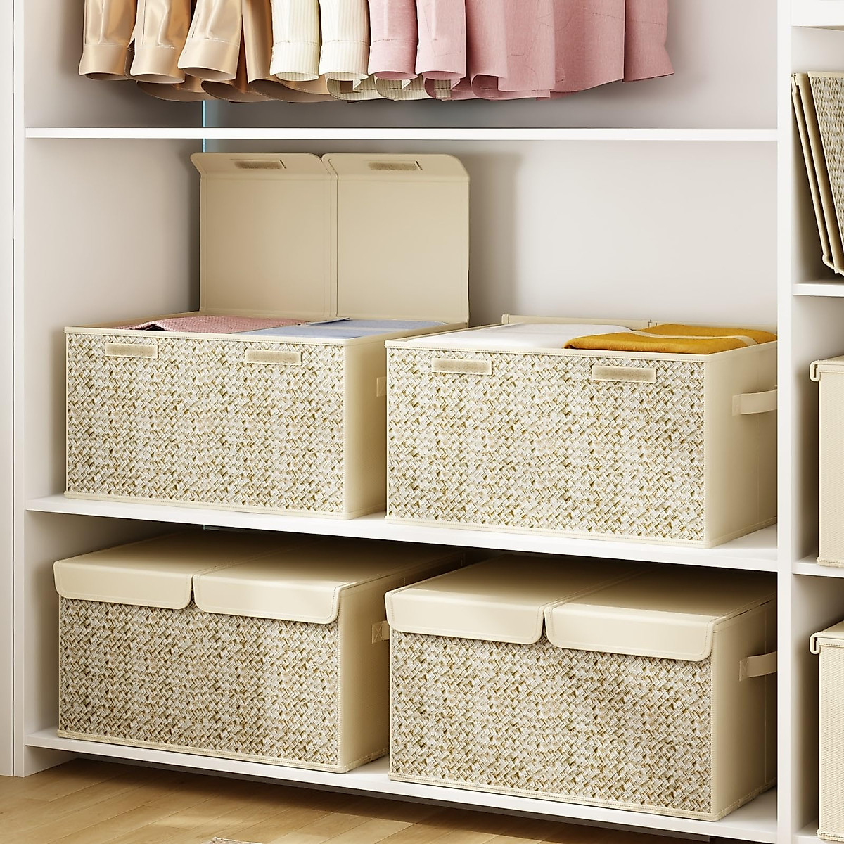 Wisdom Star 4 Pack Large Storage Bins with Double Lids & Handles, Collapsible Fabric Storage Cube Bin Basket with Removable Divider, Foldable Closet Organizer Clothing Shelf Basket, Beige