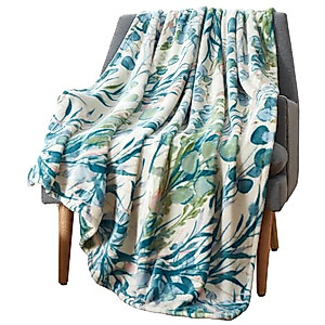 Watercolor Botanical Green Throw Blankets: Soft Plush Floral Leaf Accent for Sofa Couch Chair Bed or Dorm, Color: Green Teal Blue Pink White (Serenity)