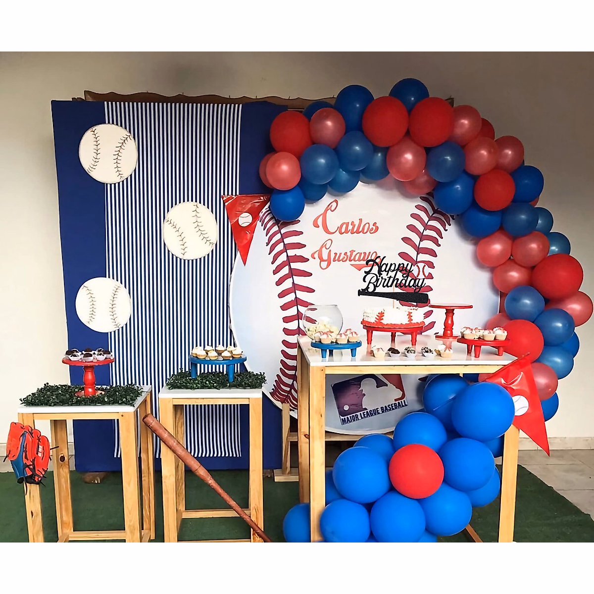 AHAORAY Baseball Happy Birthday Cake Topper - Black Glitter Baseball Party Decorations Supplies, Perfect for Birthday/Baseball Theme Party, Photo Booth Props