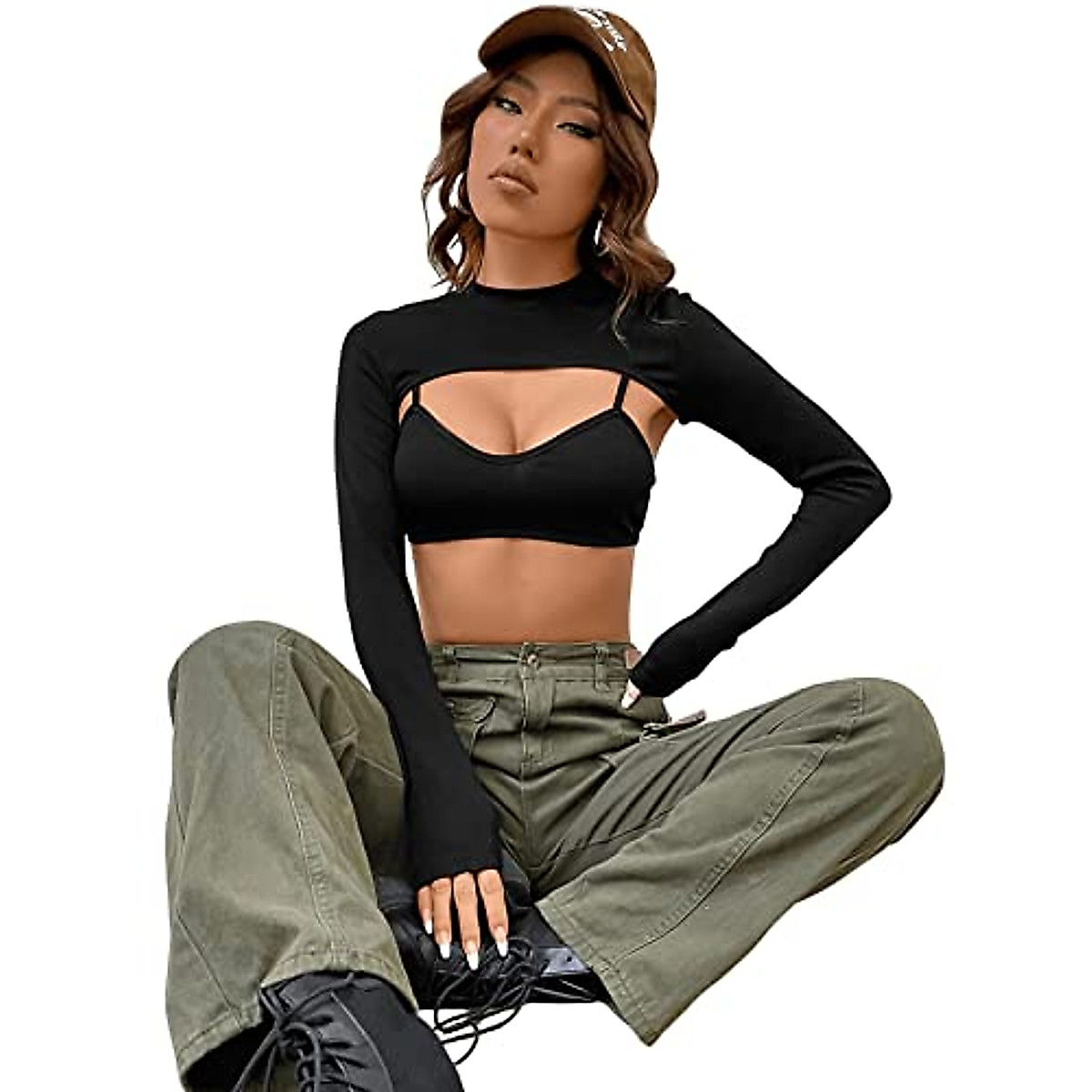 Verdusa Women's 2Pcs Mock Neck Long Sleeve Crop Top Spaghetti Straps Scoop Neck Sleeveless Cami Top Black L