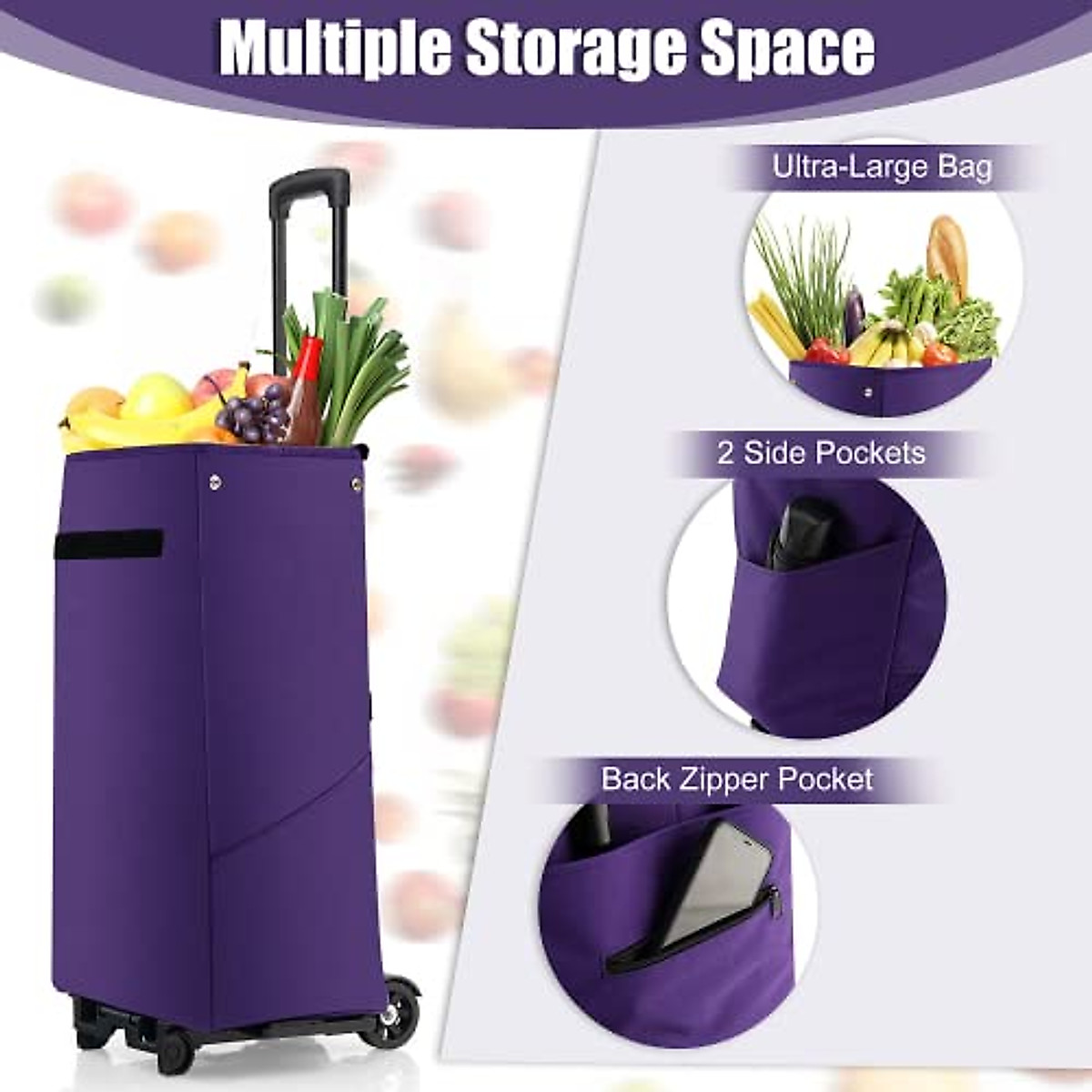 Golbsky Folding Shopping Cart Rolling Utility Cart w/Removable Waterproof Bag Dark Blue (Purple)