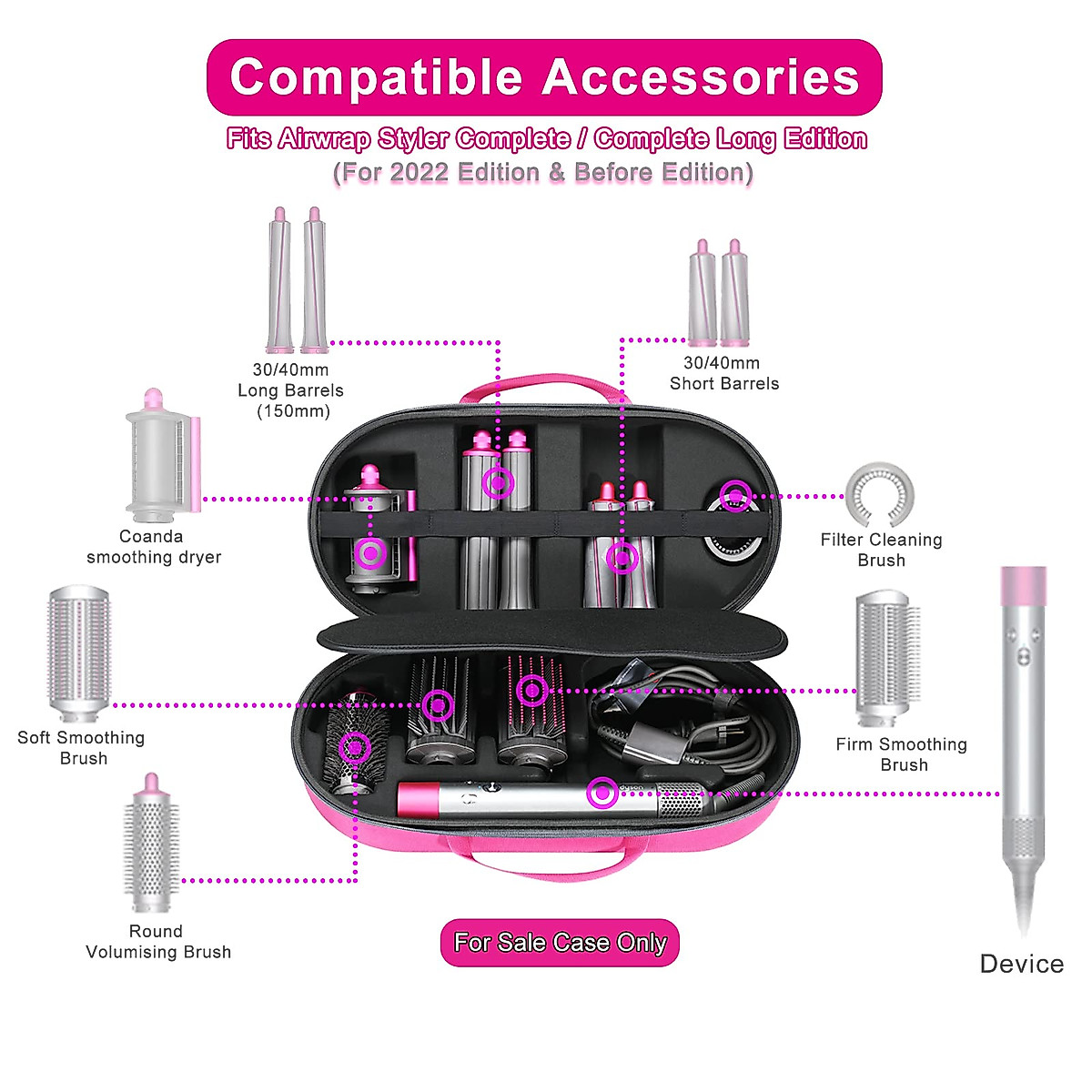 RLSOCO Hard Case for Dyson Airwrap Complete Long/Complete Styler HS08 HS05 HS01 - Fits 4pcs Long Barrels or Short Barrels - Pink (Case Only,Hair Styler is not Included)
