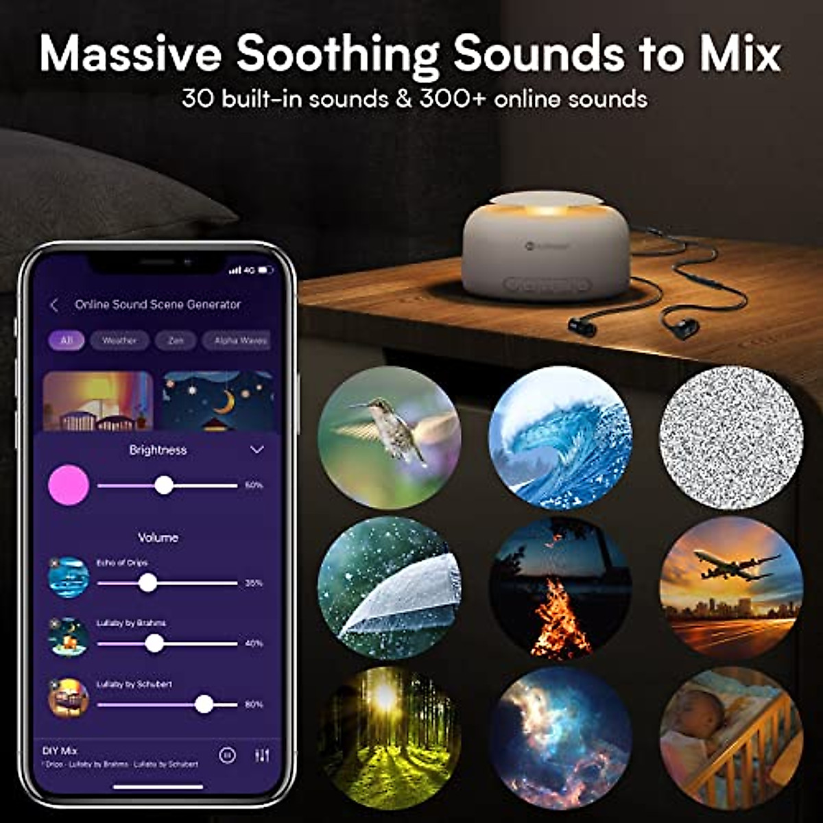 White Noise Sound Machines for Adults Sleeping, 300+ Soothing Smart Sounds Machines with Adjustable Night Lights for Baby, Hotmoon Mona Sound Machine Memory Function 3.5mm Headphone Jack Plug-in.