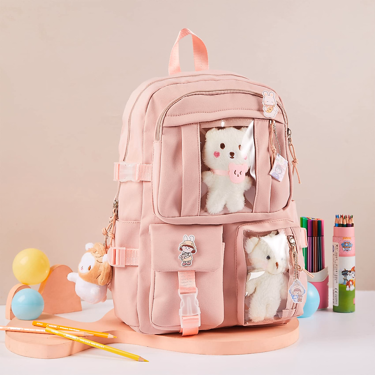 BUNXIZHUN Kawaii Backpack, 20L, Pink, Adjustable, for School Girls & Women with Kawaii Pin & Accessories