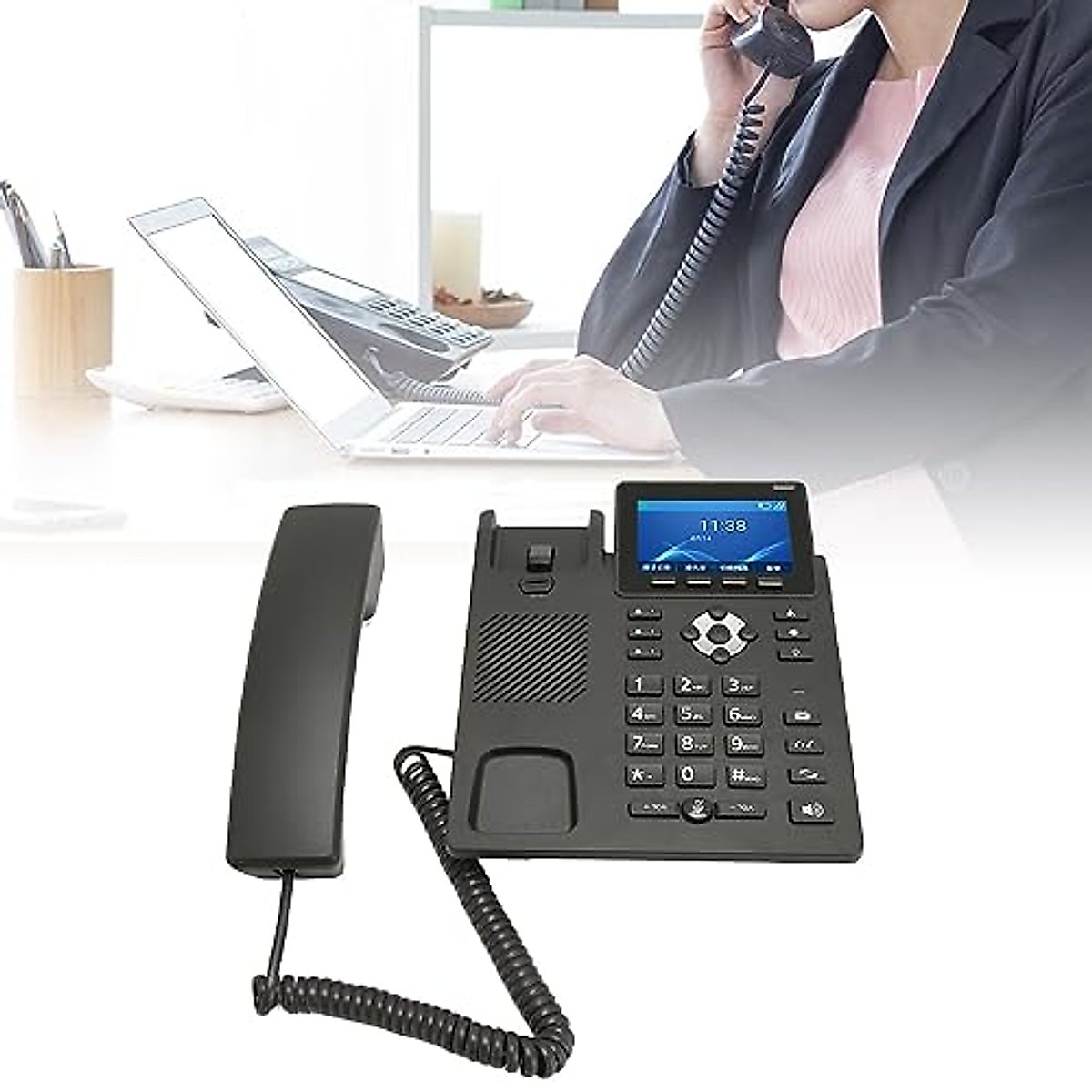 IP Phone for Office Business, VoIP Phone with 3.5 Color Display, Dual Port RJ45 Gigabit Ethernet, 2.4G/5G WiFi, 802.3af PoE, 8 Programmable Buttons, Power Adapter (US Plug)