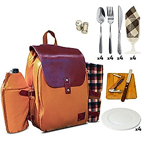Picnic Backpack - Canvas and Faux Leather Picnic Backpack for 4 – Insulated Picnic Basket for 4 and Picnic Set - Picnic Basket w/a Fleece Picnic Blanket, Dinner Plates and Cutlery Set