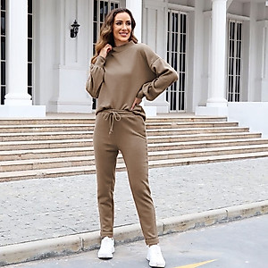 Fixmatti Jogging Outfits for Women Set 2 Piece Long Sleeve Sweatshirt Matching Sweatpants Tracksuit Coffee S