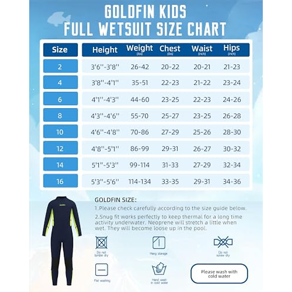 Goldfin Kids Wetsuit for Boys Girls, 3mm Neoprene Fullsuit for Toddler Back Zip Youth Water Aerobics Diving Boating Snorkeling Surfing Swimming