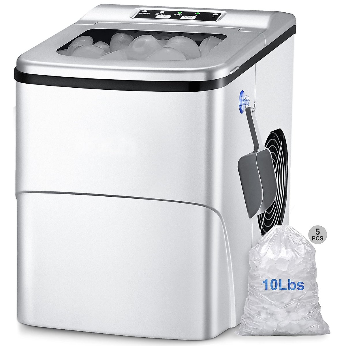26Lbs Ice Maker Countertop, 9 Ice Cube Ready in 6 Mins, 26Lbs/24H, Self-Cleaning Ice Maker Machine, 2 Sizes Ice Cube Portable Ice Maker, Ice Scoop/Basket/Hook/5pcs Ice Bags, for Home Camping Party RV