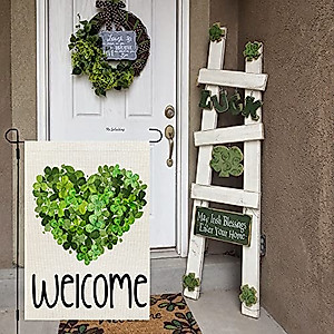 CROWNED BEAUTY St Patricks Day Garden Flag 12x18 Inch Double Sided for Outside Small Burlap Green Shamrocks Clovers Heart Welcome Yard Holiday Decoration CF735-12