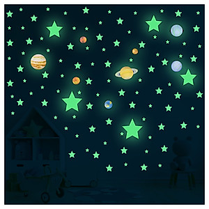 Glow in The Dark Stars and Planet Solar System Walls 109 Fluorescent Stars Stickers Decorative Kid's Bedroom Ceiling Christmas Birthday Gift for Girls and Boys
