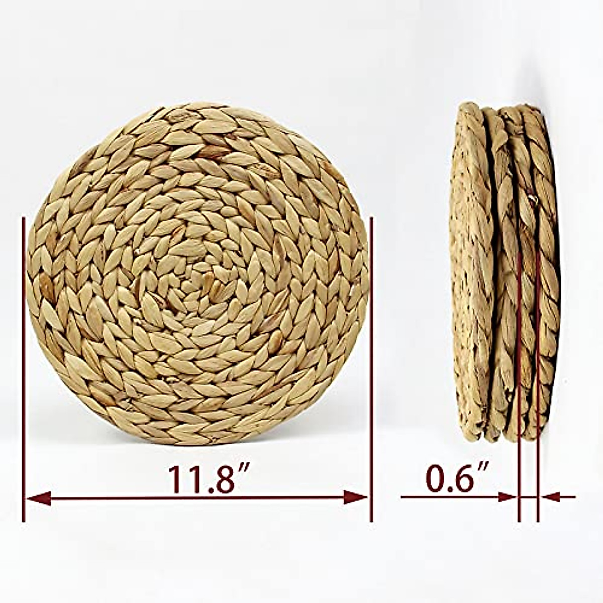 Casaphoria 4 Pack 11.8 inch Natural Hand-Woven Water Hyacinth Placemats,Large Round Braided Rattan Tablemats for Dining Table,Heat Resistant Non-Slip Weave Placemats Handmade