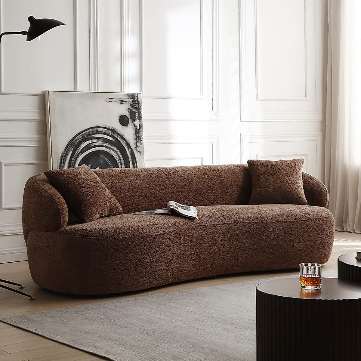 Curved Sofa Couch, 86.6" 3-Seater Modern Boucle Sectional Sofa Couch, Comfy Cloud Upholstered 3 Seat Leisure Cushion Sofa with Pillows for Living Room, Bedroom, Office, Apartment,Brown