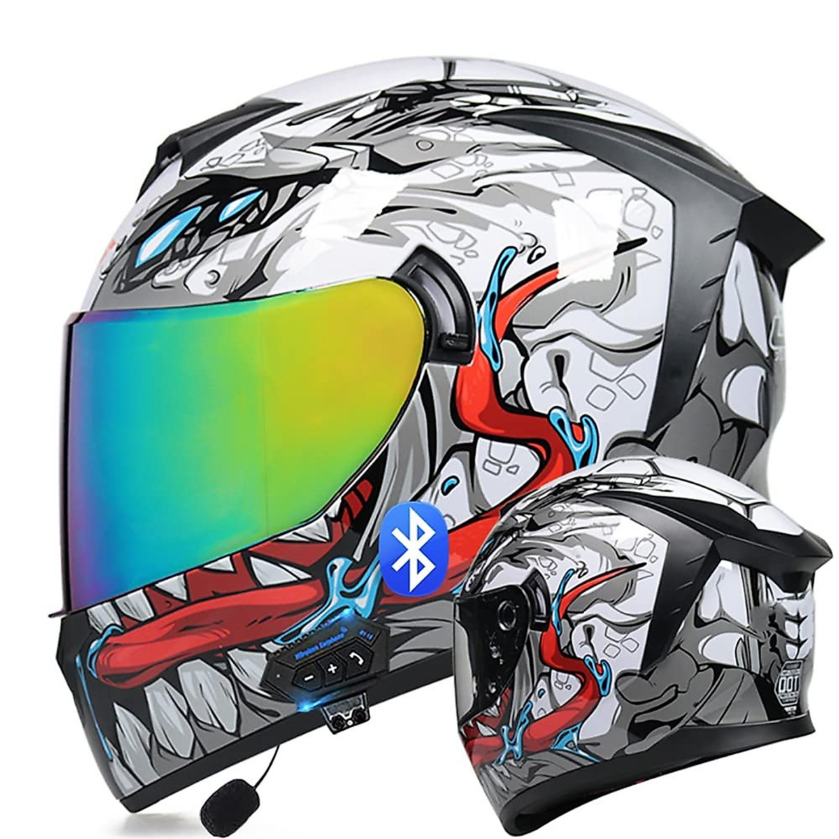 BDTOT Bluetooth Motorcycle Helmet, Full Face Flip Up, DOT Approved, Tail Wing Design, Noise Reduction, Anti-Fog Double Visor, Compatible with ATV, Color C