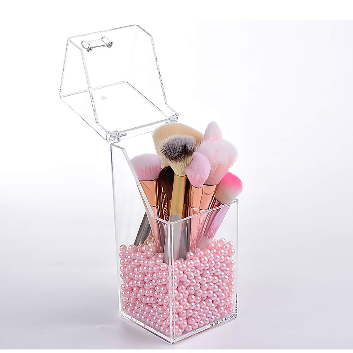 Jucoan Clear Acrylic Makeup Brush Holder with Lid, Pink Pearls, Cosmetic Makeup Brushes Holder with Cover, Brush Storage Organizer Case for Bathroom, Bedroom, Vanity, Countertop
