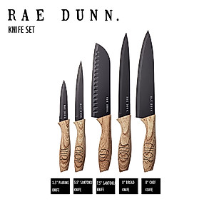 Rae Dunn Everyday Collection Set of 5 Stainless Steel Knives with Sheaths- Chef, Paring, Bread, Santoku Knives- (Black)